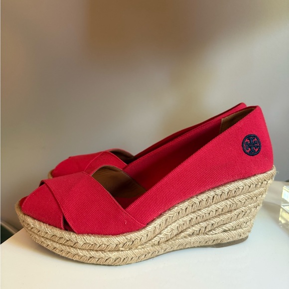 Shoes | Tory Burch Red Canvas Wedge Espadrille | Poshmark